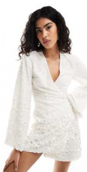 Pretty Lavish - Bachelorette embellished wrap mini dress in ivory-White