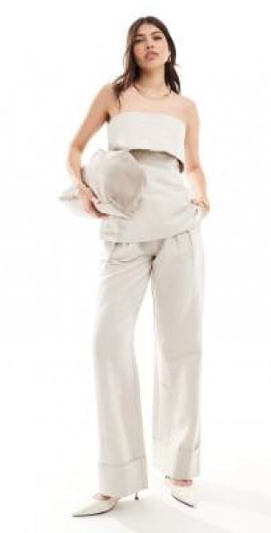 Pretty Lavish - linen blend wide leg pants in stone - part of a set-Neutral
