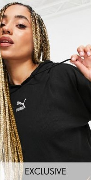 Puma - ribbed cropped hoodie in black - exclusive to ASOS