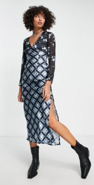 Reclaimed Vintage - contrast plaid and floral long sleeve midi dress in ...