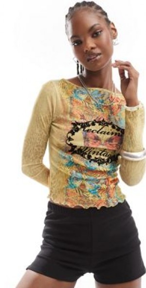Reclaimed Vintage - long sleeve slash neck mesh top in floral animal ...