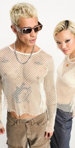 Reclaimed Vintage - unisex crochet net long sleeve top in cream-White