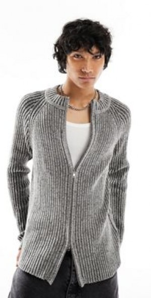 Reclaimed Vintage - zip up plated knit sweater in gray