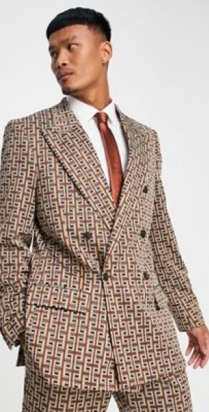 River Island - double breasted geo suit jacket in brown