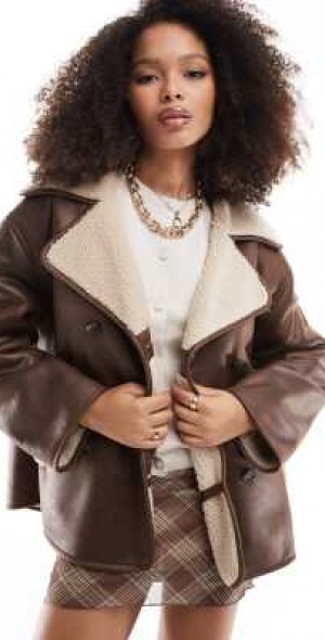 Stradivarius - faux leather jacket with borg lining in brown