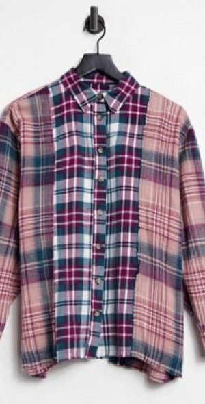 Stradivarius - patchwork checked shirt-Multi