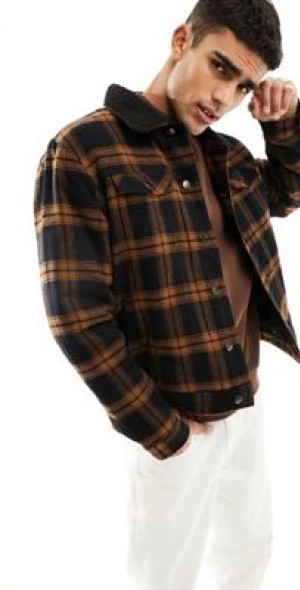 Threadbare - check jacket with borg collar and lining in black