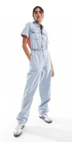 Tommy Jeans - large flag denim boiler suit in light wash-Blue