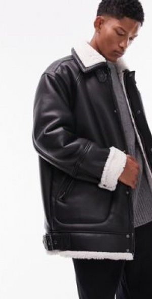 Topman - faux leather shearling longline aviator in black