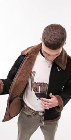 Topman - faux shearling aviator jacket in black