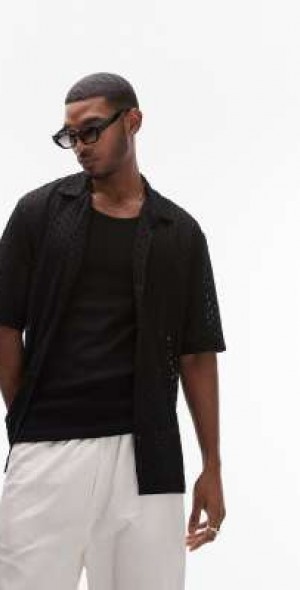 Topman - oversized fit button up jersey crochet polo in black