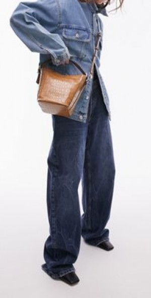 Topshop - Cia crossbody bucket bag in tan croc-Brown