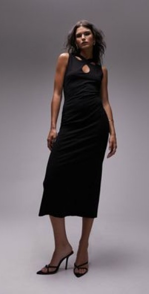 Topshop - cross over front keyhole jersey midi dress in black