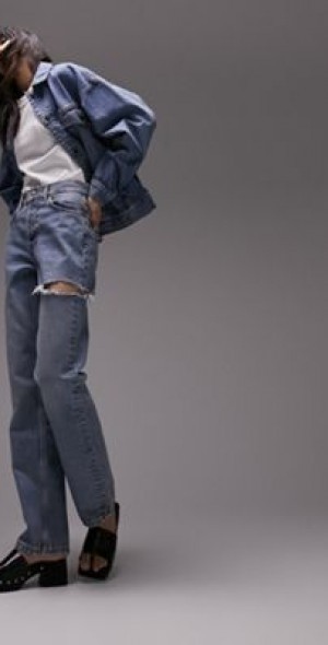 Topshop - Dad jeans with side rip in bleach-Blue