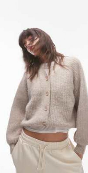 Topshop - knit high v-neck fluffy cardigan in oat-White