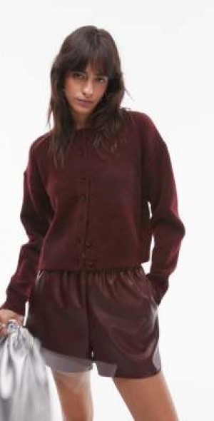 Topshop - knit ultimate micro cardigan in burgundy-Red