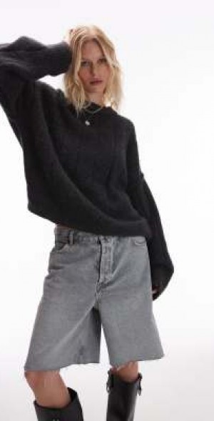 Topshop - knitted fluffy rib oversized crew sweater in charcoal-Gray