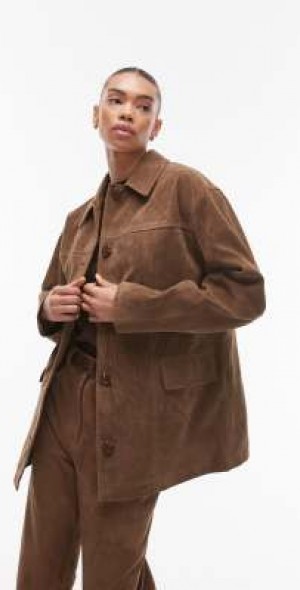 Topshop - mid length high break faux suede jacket in brown