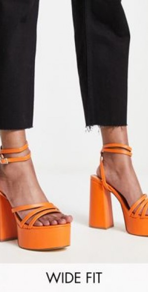 Truffle Collection - Wide Fit strappy platform sandals in orange