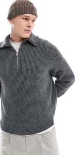 Weekday - Jim wool blend half zip sweater in gray melange