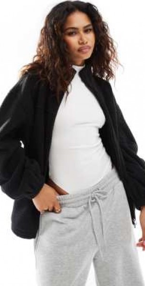 Weekday - Lea oversized zip up teddy sweatshirt in black