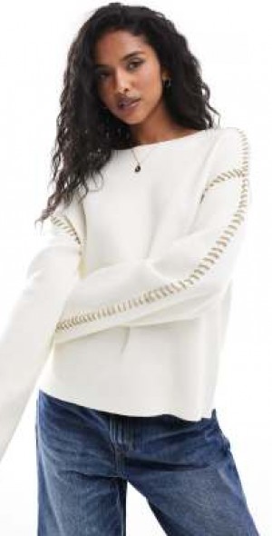 YAS - contrast stitch detail sweater in cream-White