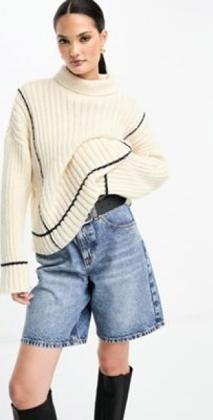 Y.A.S - contrast stitch ribbed sweater in cream and black