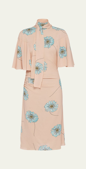 Prada - Sable Gerbera Tie-Neck Midi Dress