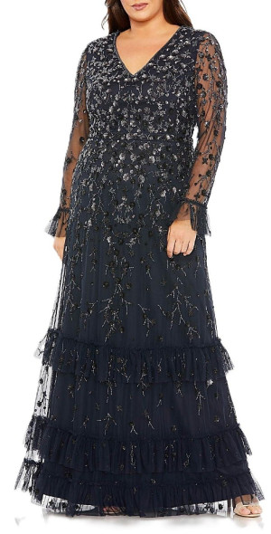 Mac Duggal - V- Neck Embellished Long Flutter Sleeve Gown