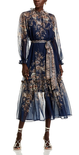 Nancy Yang - Ruffled Sheer Sleeve Dress