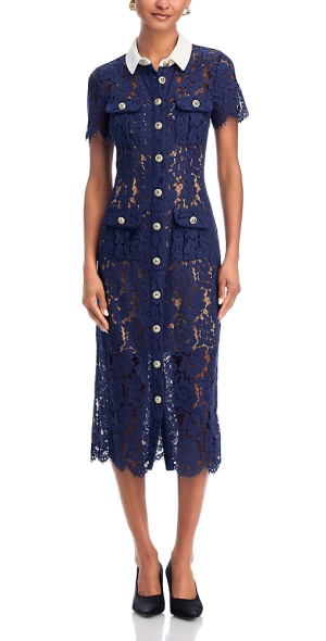 Self-portrait - Self-Portrait Navy Lace Contrast Collar Midi Dress
