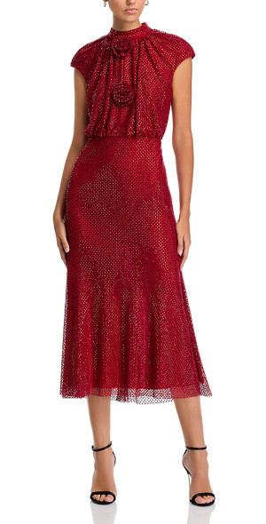 Self-portrait - Self-Portrait Red Rhinestone Fishnet Midi Dress