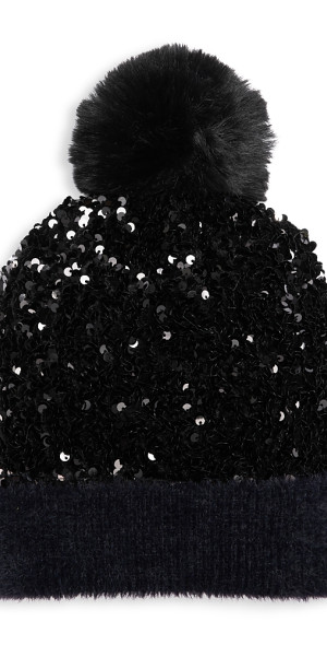 Surell - Girls' Knit Sequin Beanie Hat With Faux Fur Pom