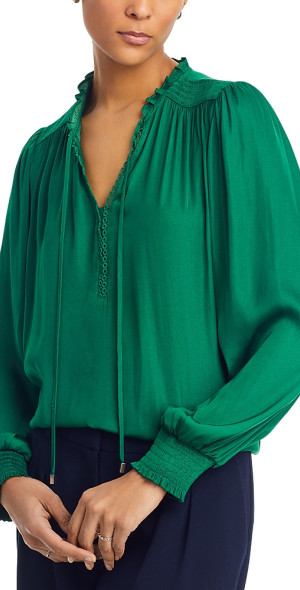 T Tahari - Smocked Split Neck Blouse