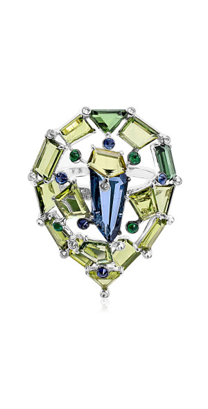 VAK - - 18k White Gold Shattered Ring with Blue and Green Sapphires ...