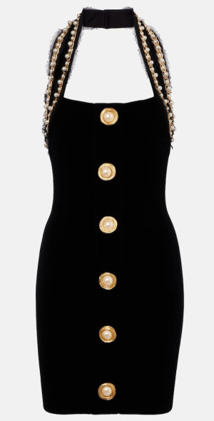 Balmain - Faux pearl-embellished velvet minidress