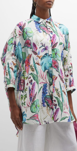 120% Lino - Oversized Botanical-Print Linen Shirt