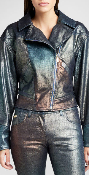 Alberta Ferretti - Metallic Coated Denim Moto Jacket
