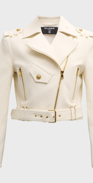 Balmain - Cropped Leather Moto Jacket with Belt