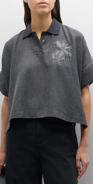 Brunello Cucinelli - Monili Floral Crest Short-Sleeve Wool-Gauze Polo Top