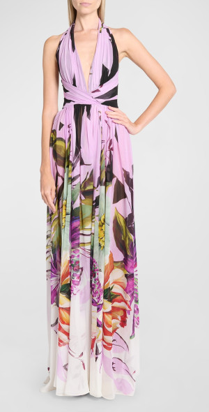 Elie Saab - Floral-Print Plunging Halter Silk Gown