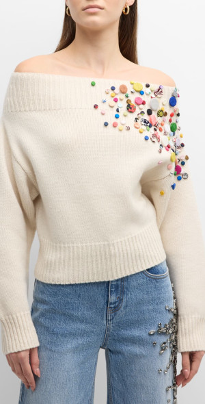 Hellessy - Bruno Button Embellished Off-Shoulder Wool Cashmere Sweater