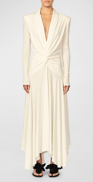INTERIOR - Aria Plunging Twisted Strong-Shoulder Long-Sleeve Maxi Dress