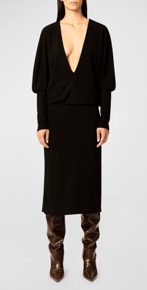INTERIOR - Clara Plunging Blouson Long-Sleeve Maxi Dress
