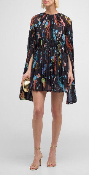 LEO LIN - Evelyn Pleated Printed Split-Sleeve Mini Dress