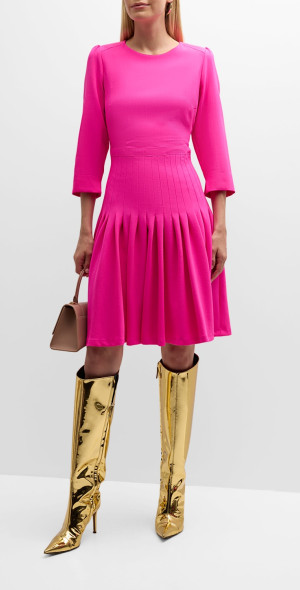 Maison Common - Pleat Fluted 3/4-Sleeve Wool-Blend Dress