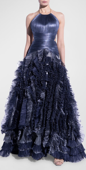 Maria Lucia Hohan - Taylor Metallic Plisse Ruffle Backless Halter Gown