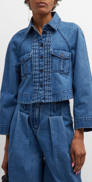 Merlette - Verne Cropped Pintuck Denim Jacket