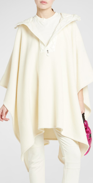 Moncler - Hooded Long Wool Cape with Quilted Front