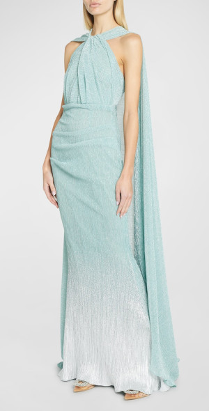 Talbot Runhof - Metallic Ombre Twisted Halter Cape Gown
